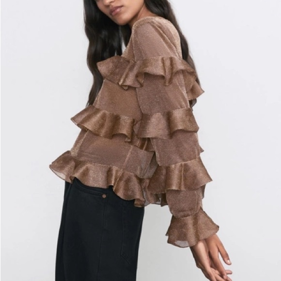Zara | Tops | Zara Ruffled Metallic Thread Top Copper Nwt | Poshmark